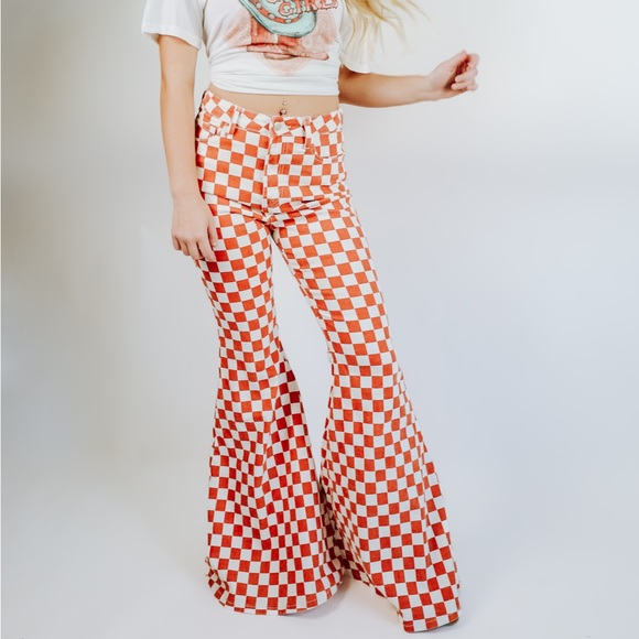 Jeans | Checker Denim Stretchy High Waist Boho Bell Bottom Flare Jeans ...
